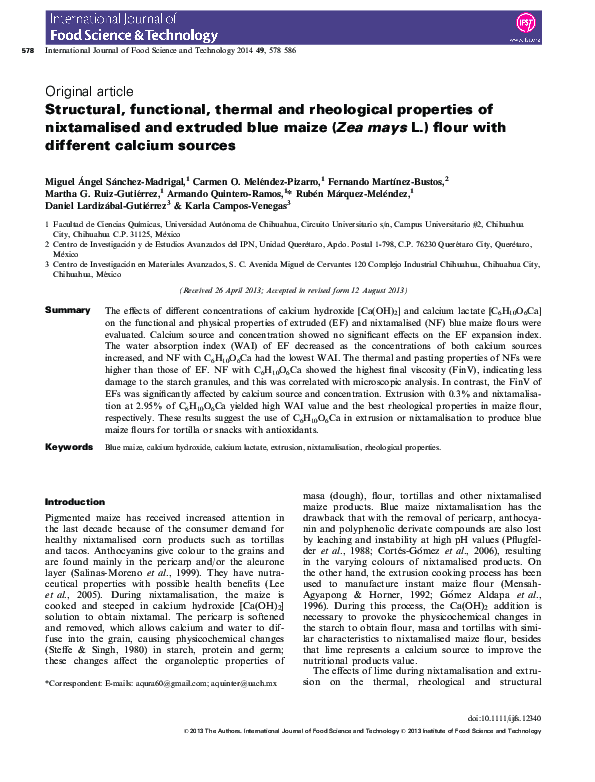 (PDF) Structural, functional, thermal and rheological properties of nixtamalised and extruded ...
