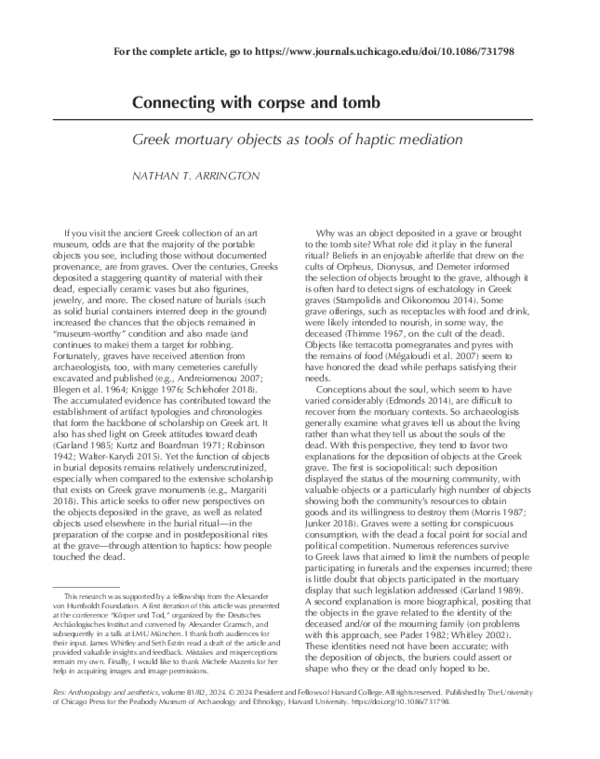 (PDF) Connecting with Corpse and Tomb: Greek Mortuary Objects as Tools ...