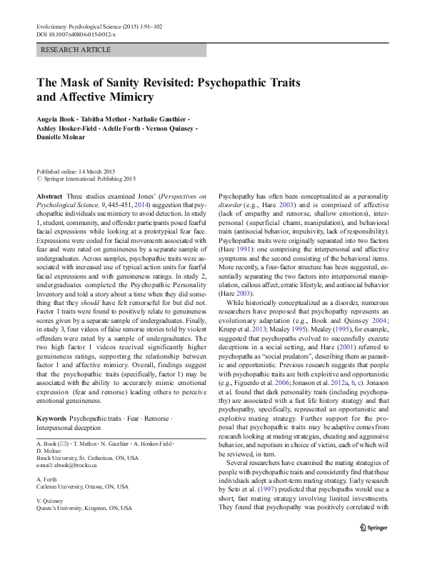 (PDF) The Mask of Sanity Revisited: Psychopathic Traits and Affective ...