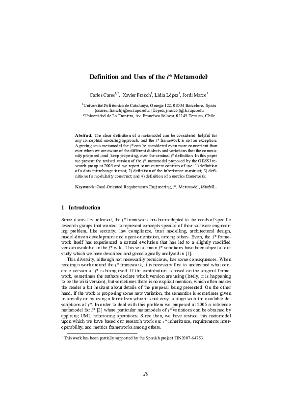 (PDF) Definition and uses of the i* metamodel