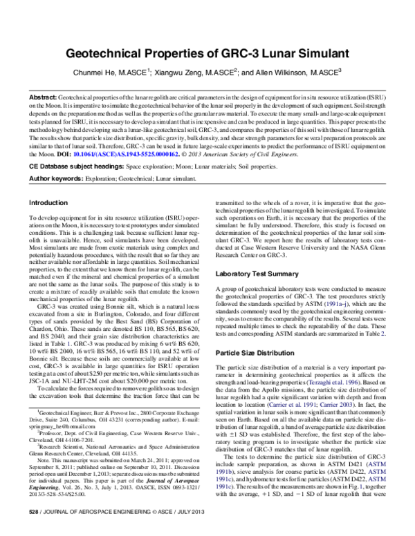 (PDF) Geotechnical Properties of GRC-3 Lunar Simulant