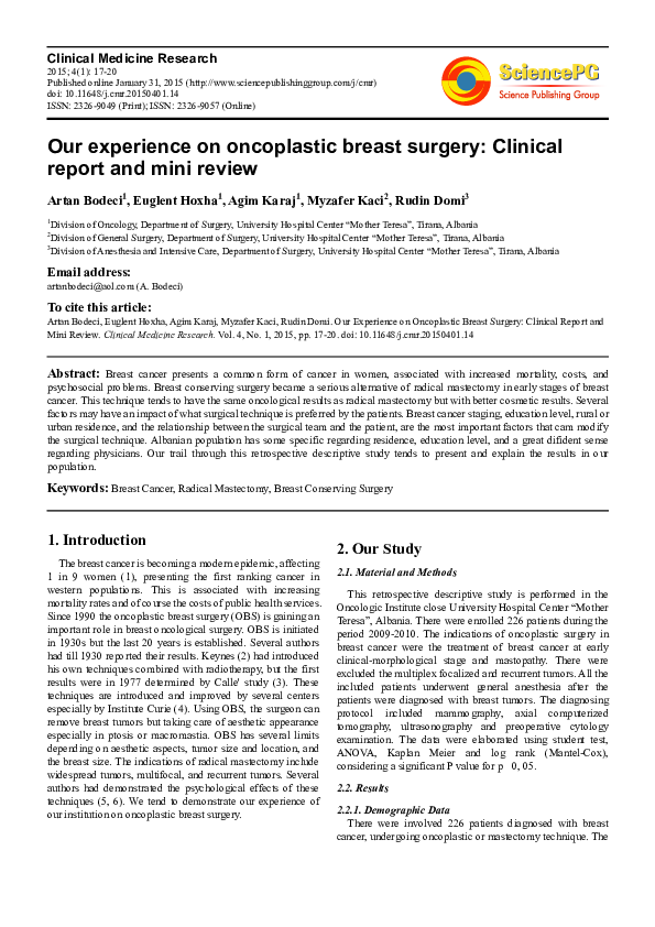 (PDF) Our Experience on Oncoplastic Breast Surgery: Clinical Report and ...
