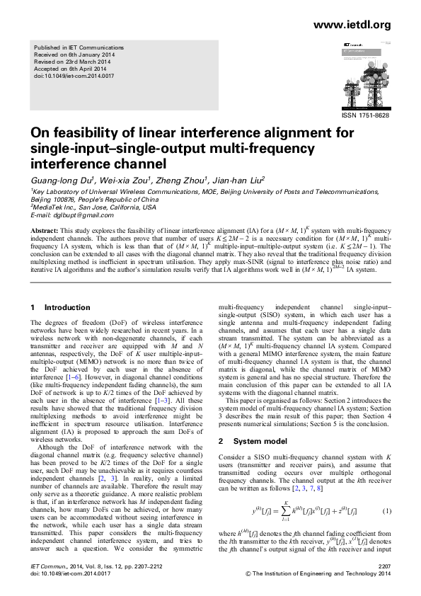 Pdf On Feasibility Of Linear Interference Alignment For Single‐inputsingle‐output Multi