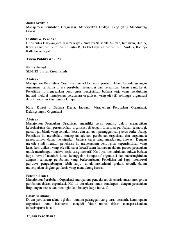 (PDF) Manajemen Perubahan Organisasi: Menciptakan Budaya Kerja yang Mendukung Inovasi