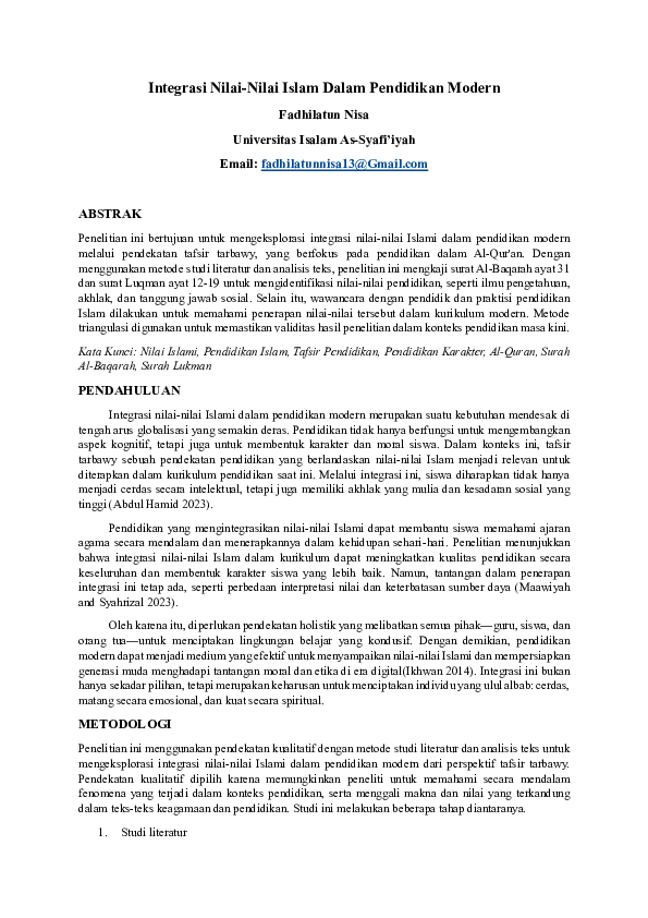 (PDF) Integrasi Nilai-Nilai Islam Dalam Pendidikan Modern
