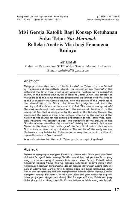 (PDF) Misi Gereja Katolik Bagi Konsep Ketuhanan Suku Tetun Nai Maromak ...