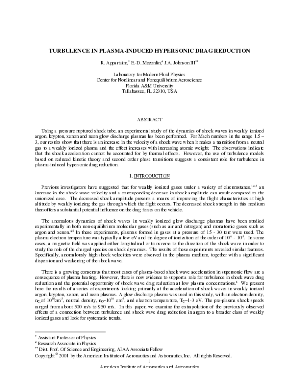 (PDF) Turbulence in plasma-induced hypersonic drag reduction