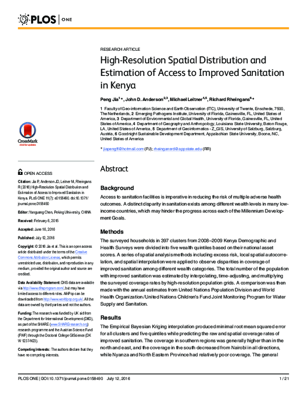 (PDF) High-Resolution Spatial Distribution and Estimation of Access to Improved Sanitation in Kenya
