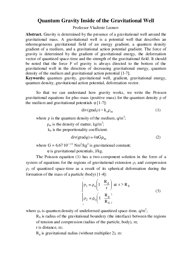 (PDF) Quantum Gravity Inside of the Gravitational Well | Vladimir Leonov - Academia.edu