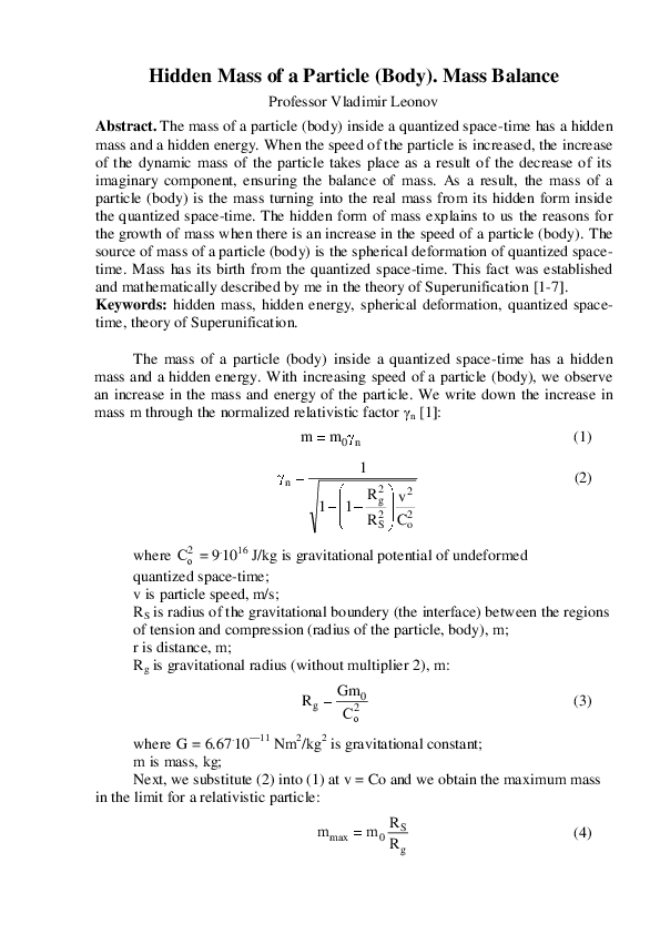 (PDF) Hidden Mass of a Particle (Body). Mass Balance