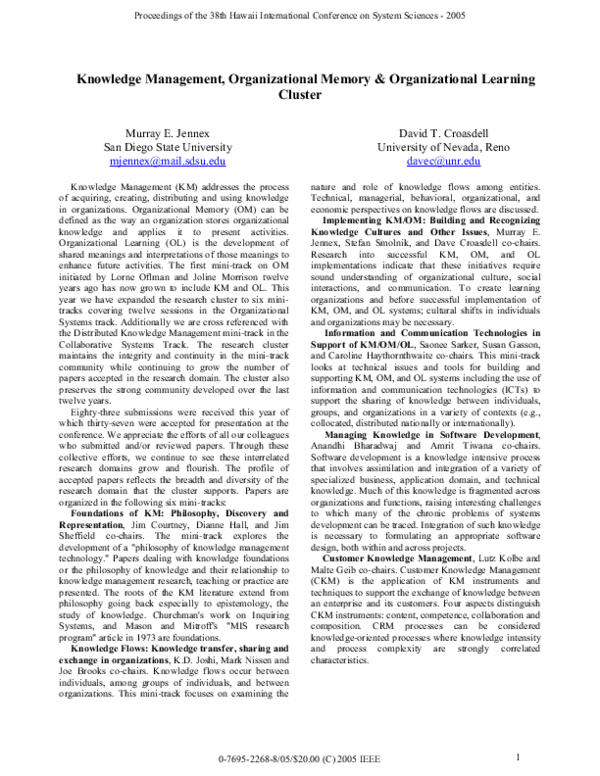 (PDF) Knowledge Management, Organizational Memory & Organizational Learning Cluster