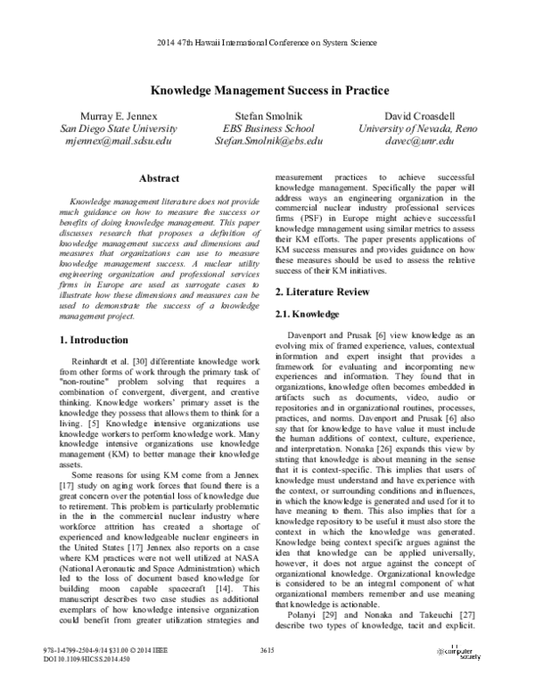 (PDF) Knowledge Management Success in Practice