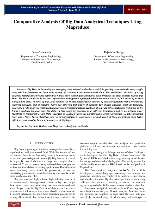 (PDF) Comparative Analysis Of Big Data Analytical Techniques Using ...