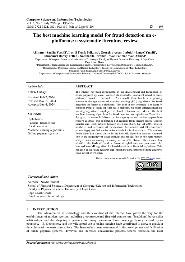 Pdf The Best Machine Learning Model For Fraud Detection On Eplatforms A Systematic Literature