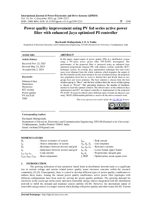 (PDF) Power quality improvement using PV fed series active power filter with enhanced Jaya ...