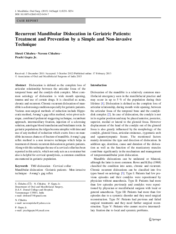 (PDF) Recurrent Mandibular Dislocation in Geriatric Patients: Treatment ...
