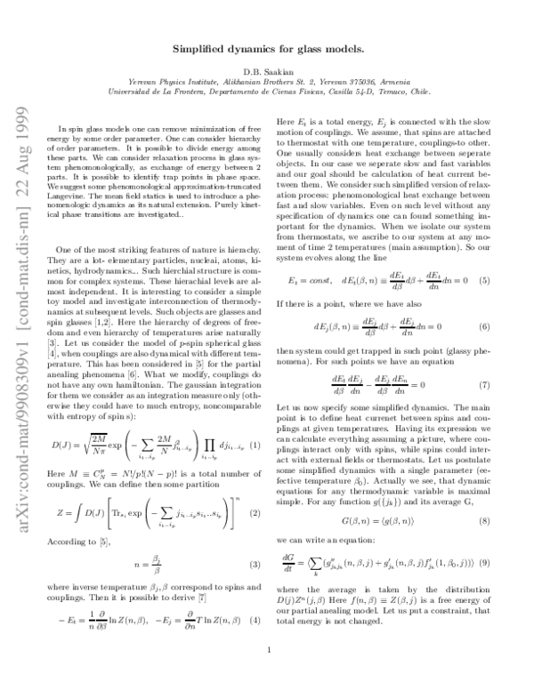 (PDF) Simplified dynamics for glass model