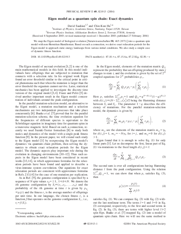 (PDF) Eigen model as a quantum spin chain: Exact dynamics