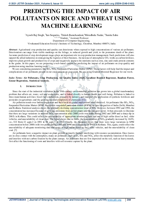 (PDF) Predicting the Impact of Air Pollutants on Rice and Wheat Using Machine Learning