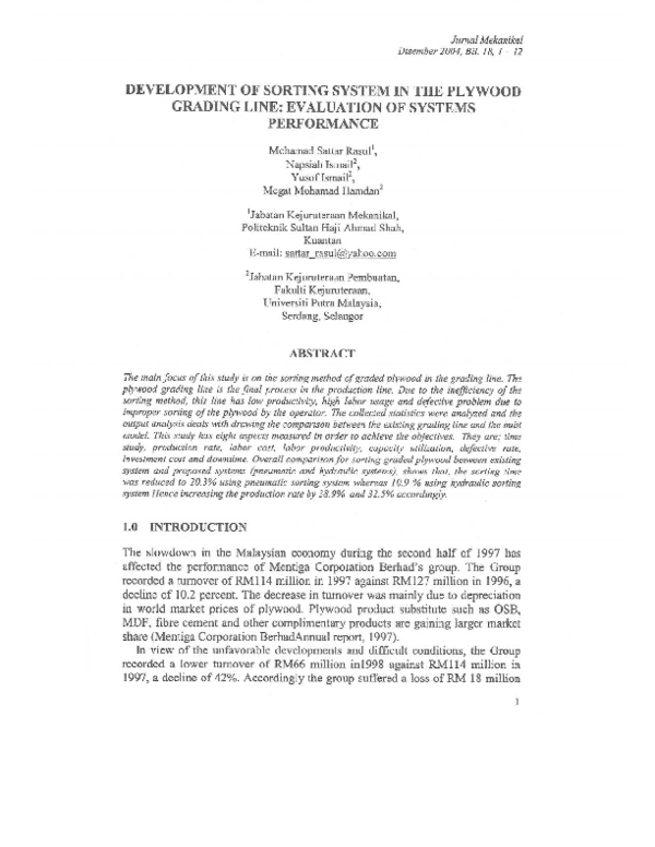 (PDF) Development of Sorting System in the Plywood Grading Line: Evaluation of Systems Performance