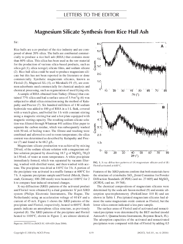 (PDF) Magnesium silicate synthesis from rice hull ash