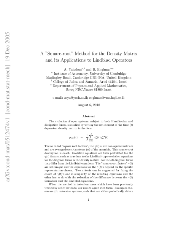 (PDF) A “square-root” method for the density matrix and its applications to Lindblad operators