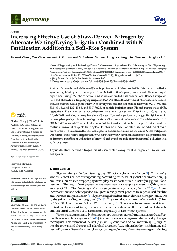 (PDF) Increasing Effective Use of Straw-Derived Nitrogen by Alternate Wetting/Drying Irrigation ...