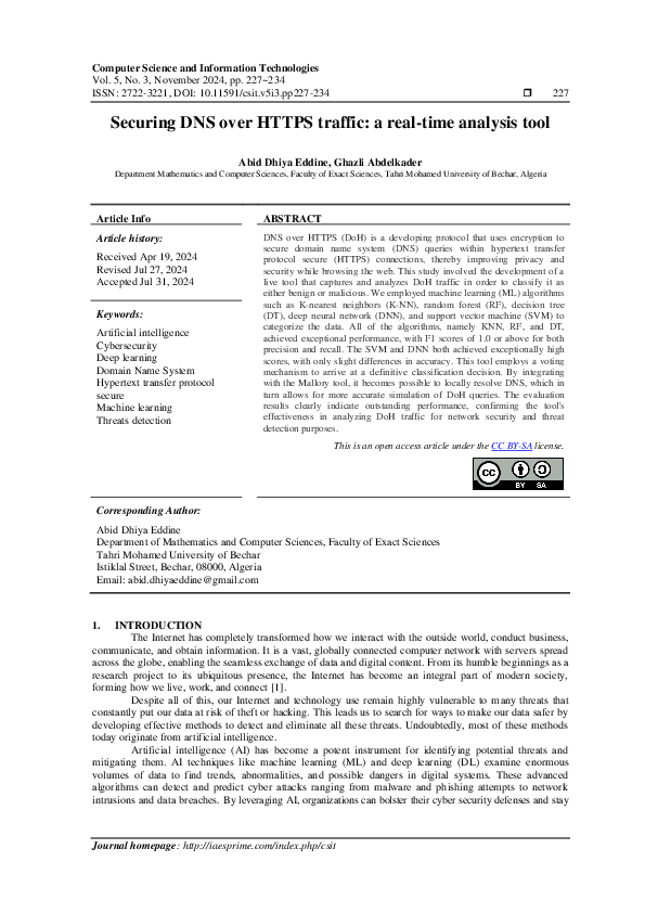 (PDF) Securing DNS over HTTPS traffic: a real-time analysis tool