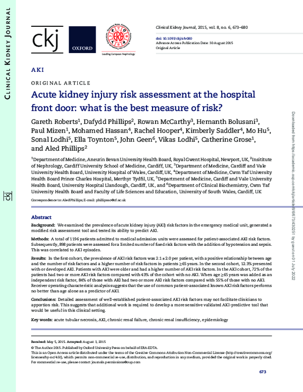 (PDF) Acute kidney injury risk assessment at the hospital front door ...