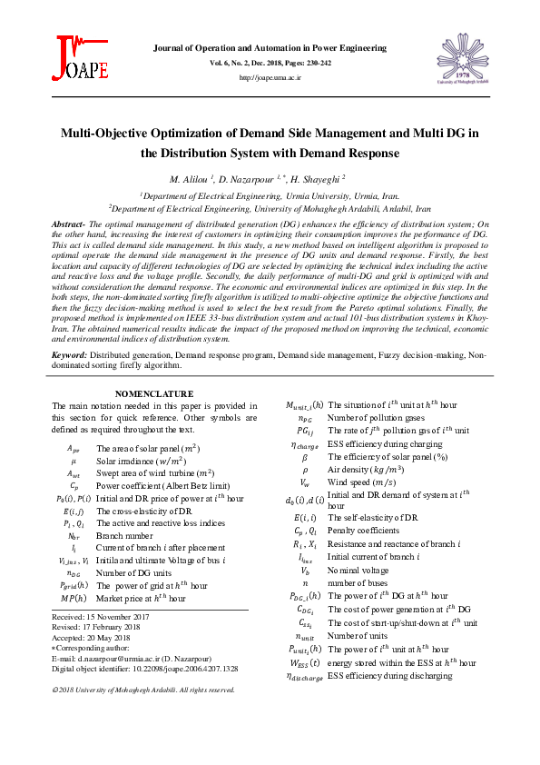 (PDF) Multi-Objective Optimization of Demand Side Management and Multi DG in the Distribution ...