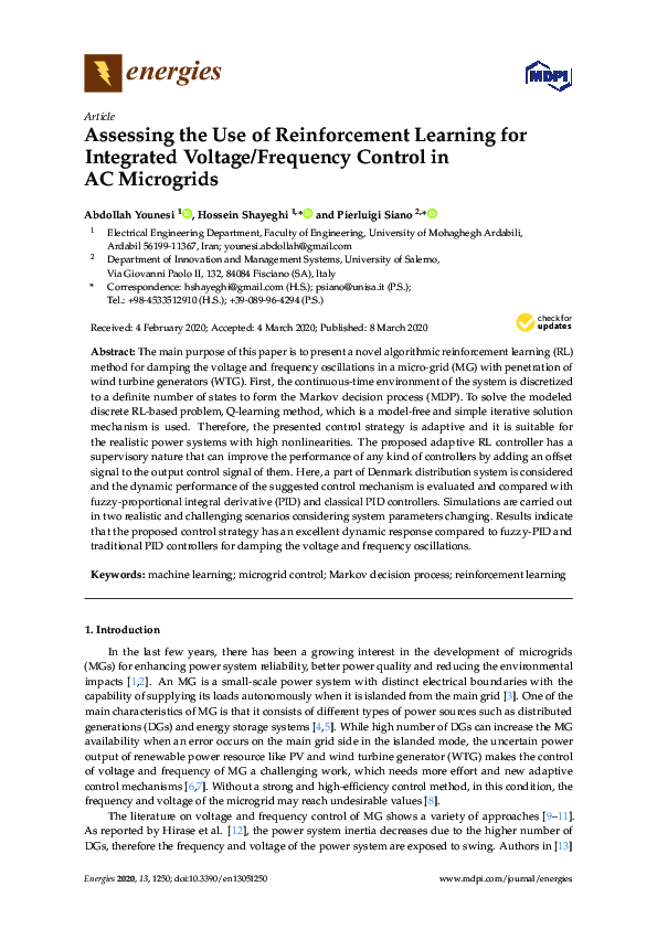 (PDF) Assessing the Use of Reinforcement Learning for Integrated Voltage/Frequency Control in AC ...