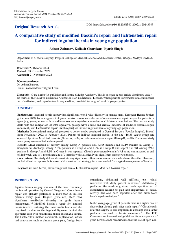 (PDF) A comparative study of modified Bassini's repair and lichtenstein ...