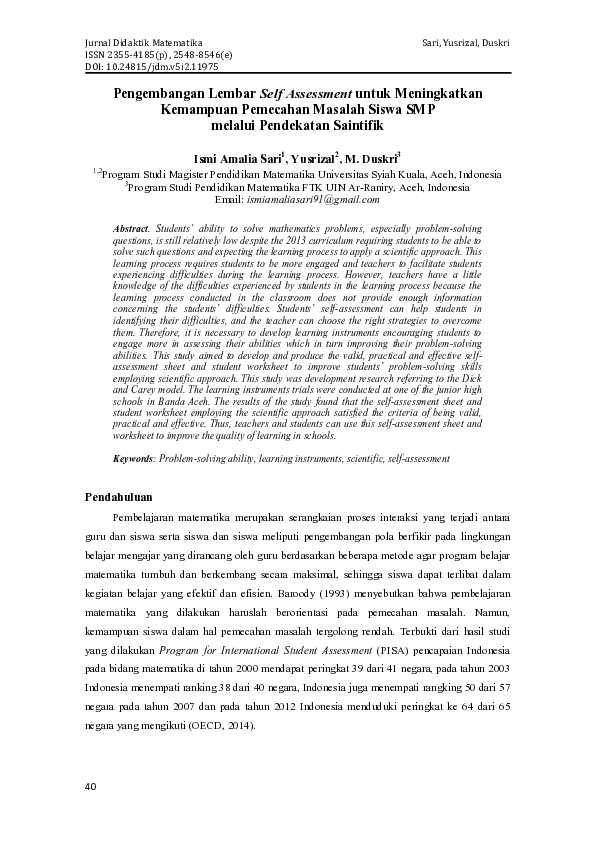 (PDF) Pengembangan Lembar Self-Assessment untuk Meningkatkan Kemampuan Pemecahan Masalah Siswa ...