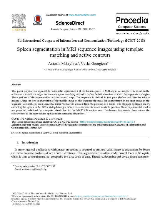 (PDF) Spleen segmentation in MRI sequence images using template matching and active contours