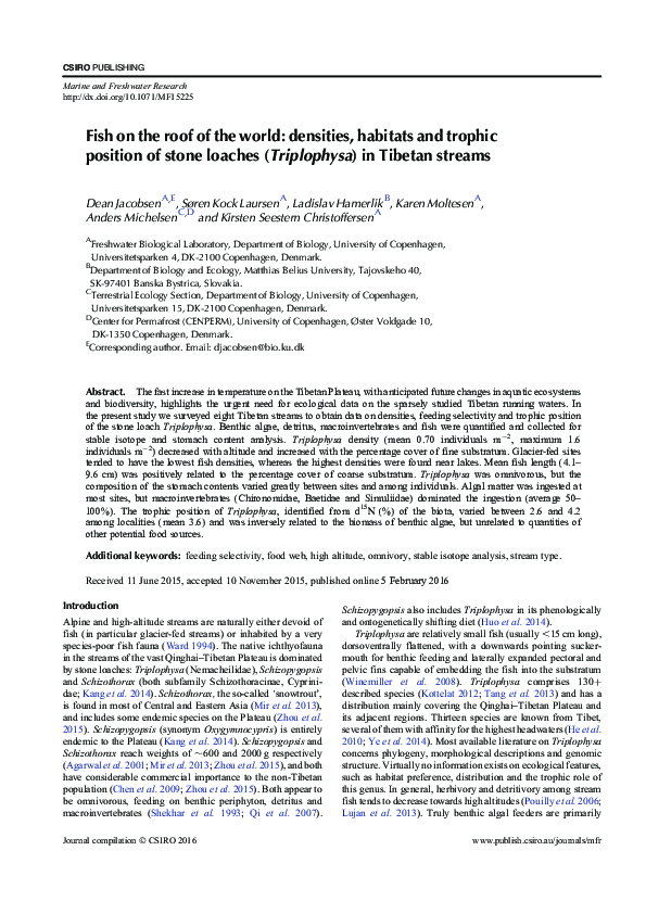(PDF) Fish on the roof of the world: densities, habitats and trophic ...