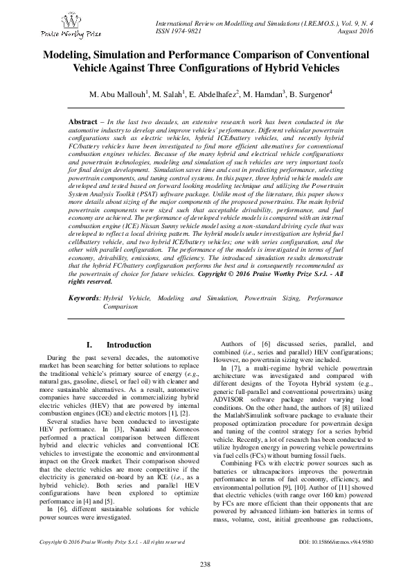 (PDF) Modeling, Simulation and Performance Comparison of Conventional Vehicle Against Three ...