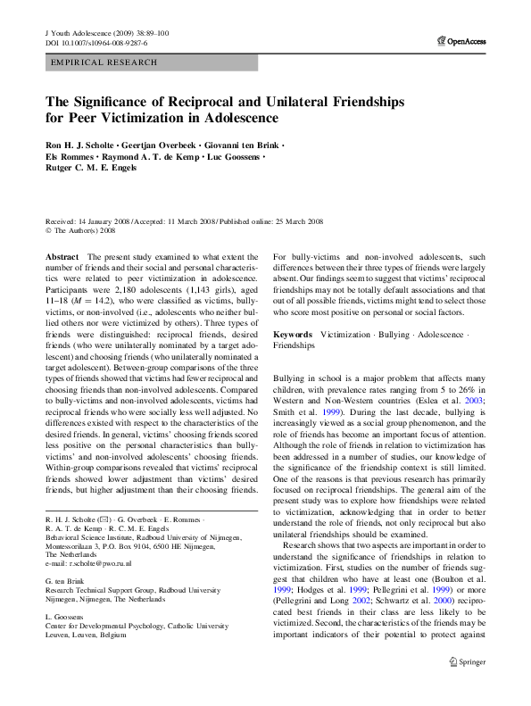 (PDF) The Significance of Reciprocal and Unilateral Friendships for ...