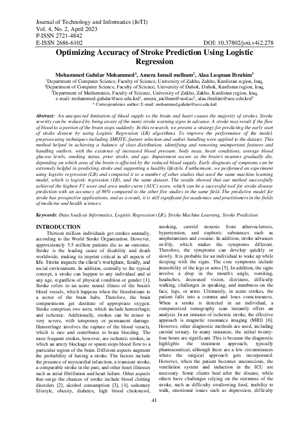 (PDF) Optimizing Accuracy of Stroke Prediction Using Logistic Regression