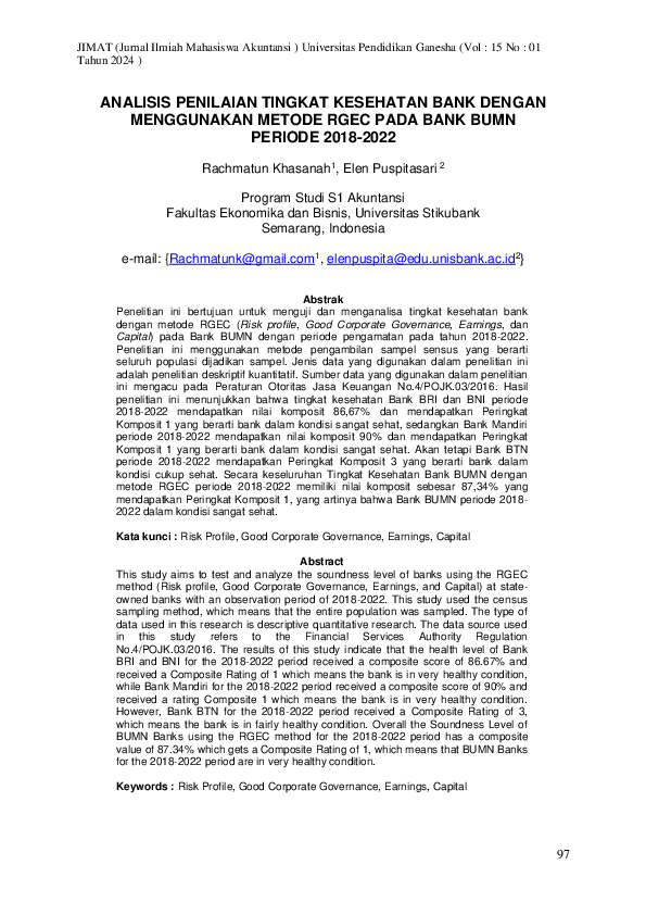 (PDF) Analisis Penilaian Tingkat Kesehatan Bank Dengan Menggunakan Metode RGEC Pada Bank BUMN ...