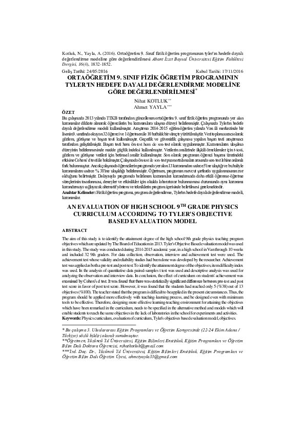 (PDF) An Evaluation Of High School 9th Grade Physics Curriculum ...