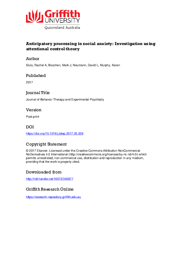 (PDF) Anticipatory processing in social anxiety: Investigation using ...