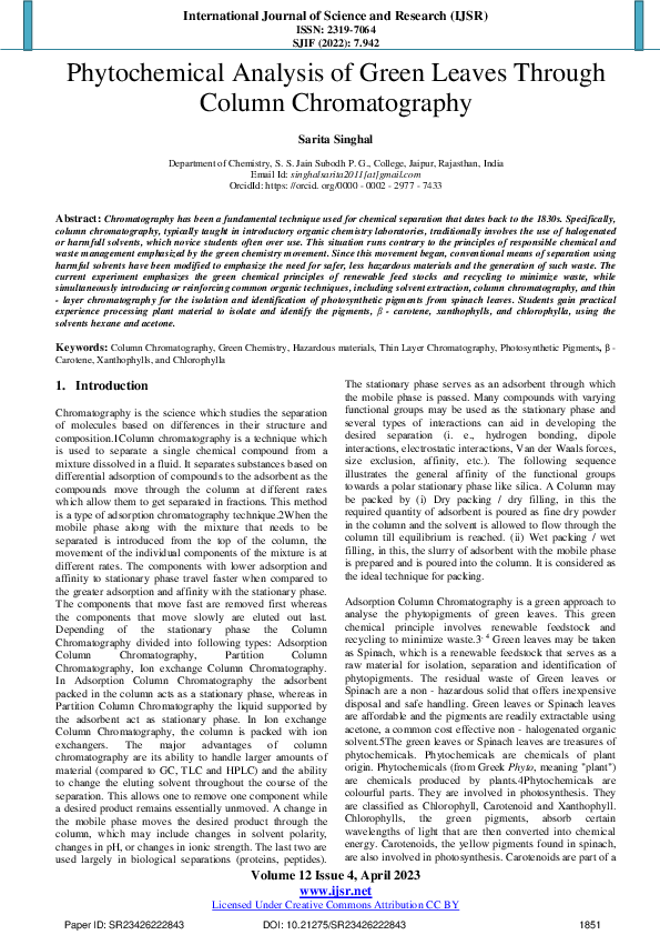 (PDF) Phytochemical Analysis of Green Leaves Through Column Chromatography