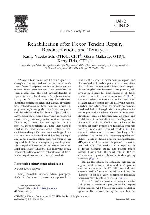 (PDF) Rehabilitation after Flexor Tendon Repair, Reconstruction, and ...