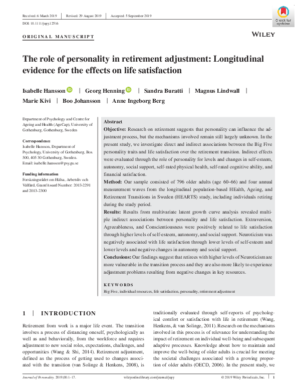 (PDF) The role of personality in retirement adjustment: Longitudinal ...