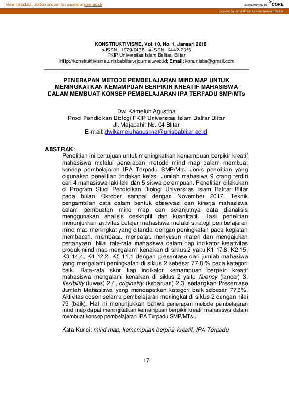 (PDF) PENERAPAN METODE PEMBELAJARAN MIND MAP UNTUK MENINGKATKAN KEMAMPUAN BERPIKIR KREATIF ...