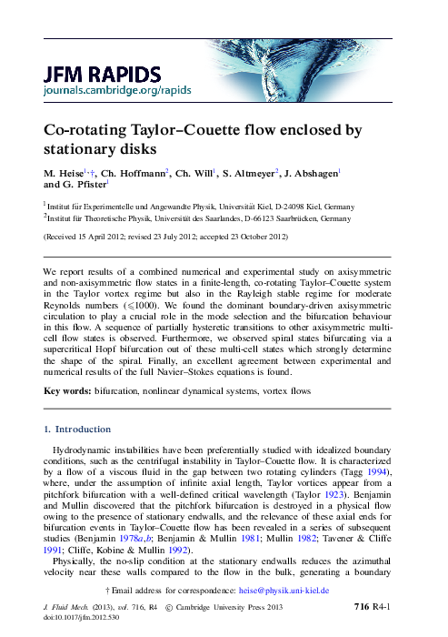 (PDF) Co-rotating Taylor–Couette flow enclosed by stationary disks