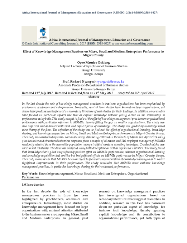 (PDF) Effect Of Knowledge Management Practices On Micro, Small And Medium Enterprises ...