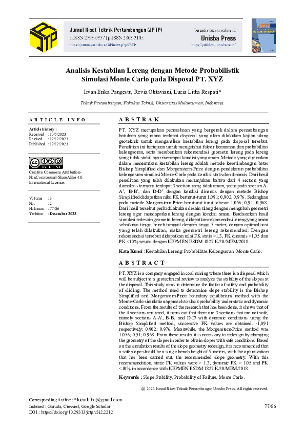 (PDF) Analisis Kestabilan Lereng dengan Metode Probabilistik Simulasi Monte Carlo pada Disposal ...