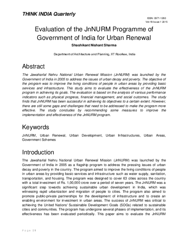 (PDF) Evaluation of the JnNURM Programme of Government of India for ...
