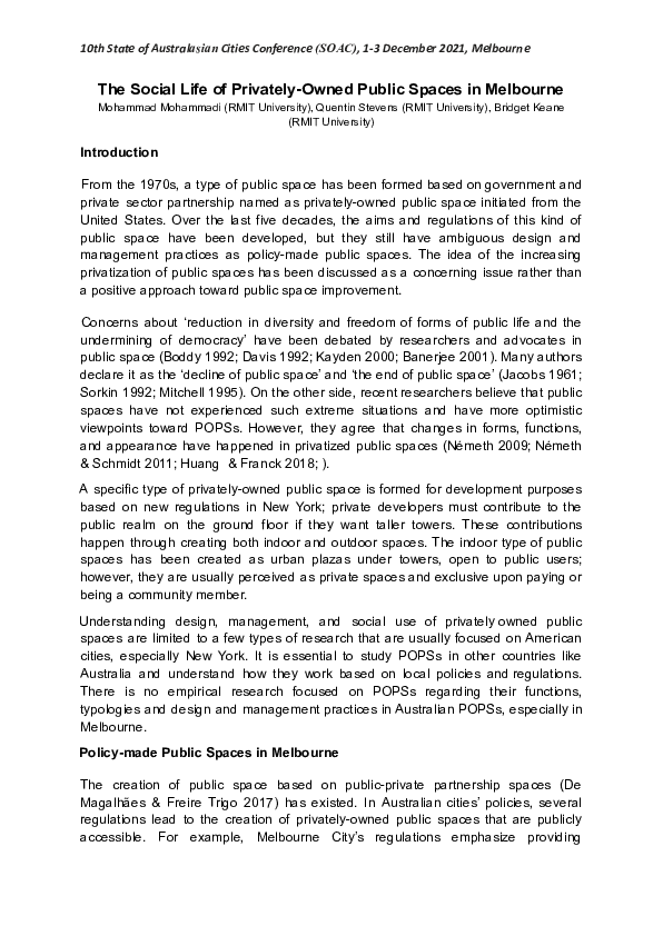 (PDF) The Social Life of Privately-Owned Public Spaces in Melbourne